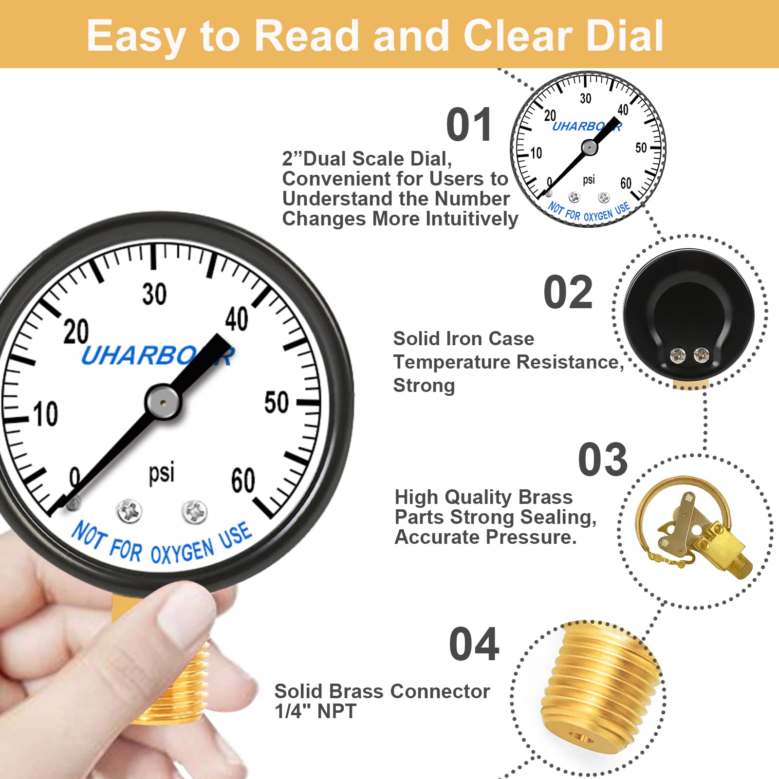 Snapklik.com : UHARBOUR Pool Filter Pressure Gauge 60Psi, Pool Pressure ...