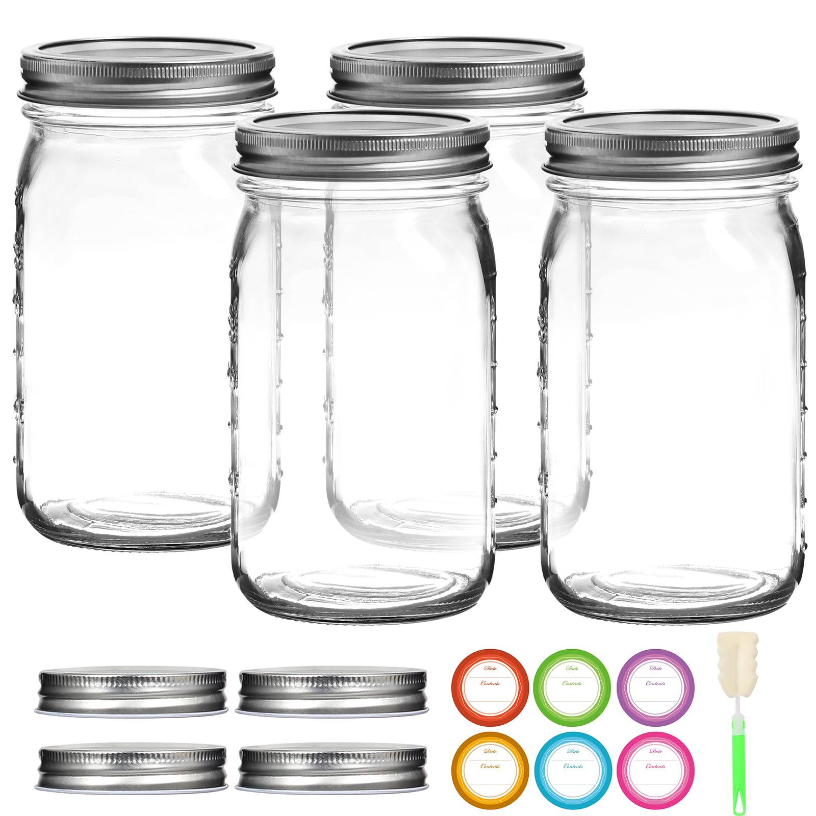 4 Pack Mason Jars Wide Mouth, 32 oz Glass Jars with 4 Split-Type Metal ...