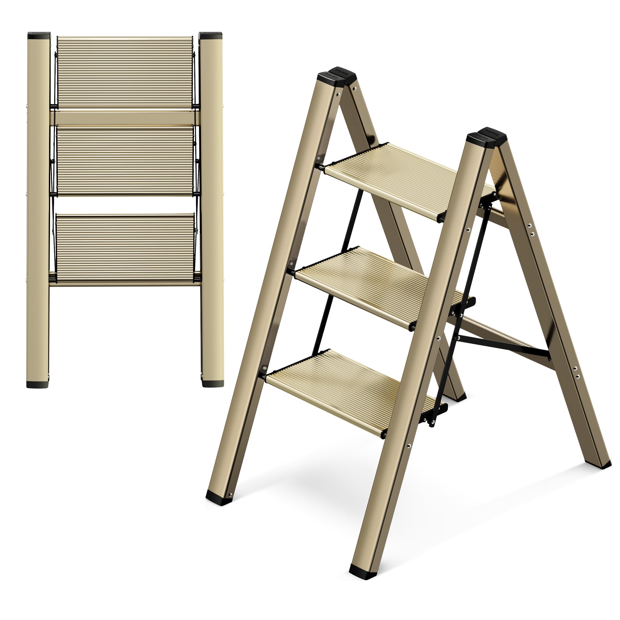 GameGem 3 Step Ladder, Aluminum Folding Step Stool with Anti-Slip ...