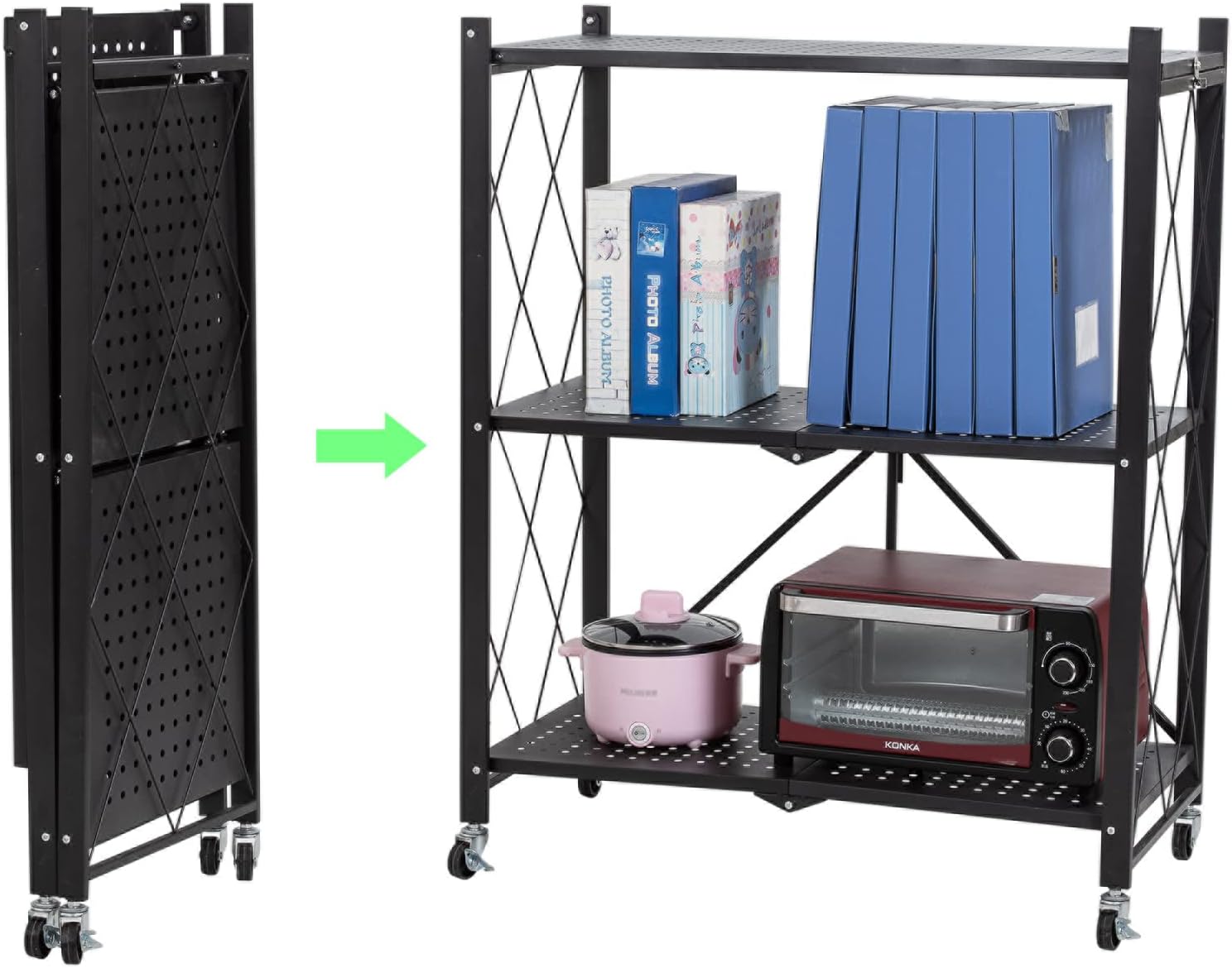 Amazon.com: Muichi Folding Shelf 3-Tier, Foldable Shelves with Wheels ...