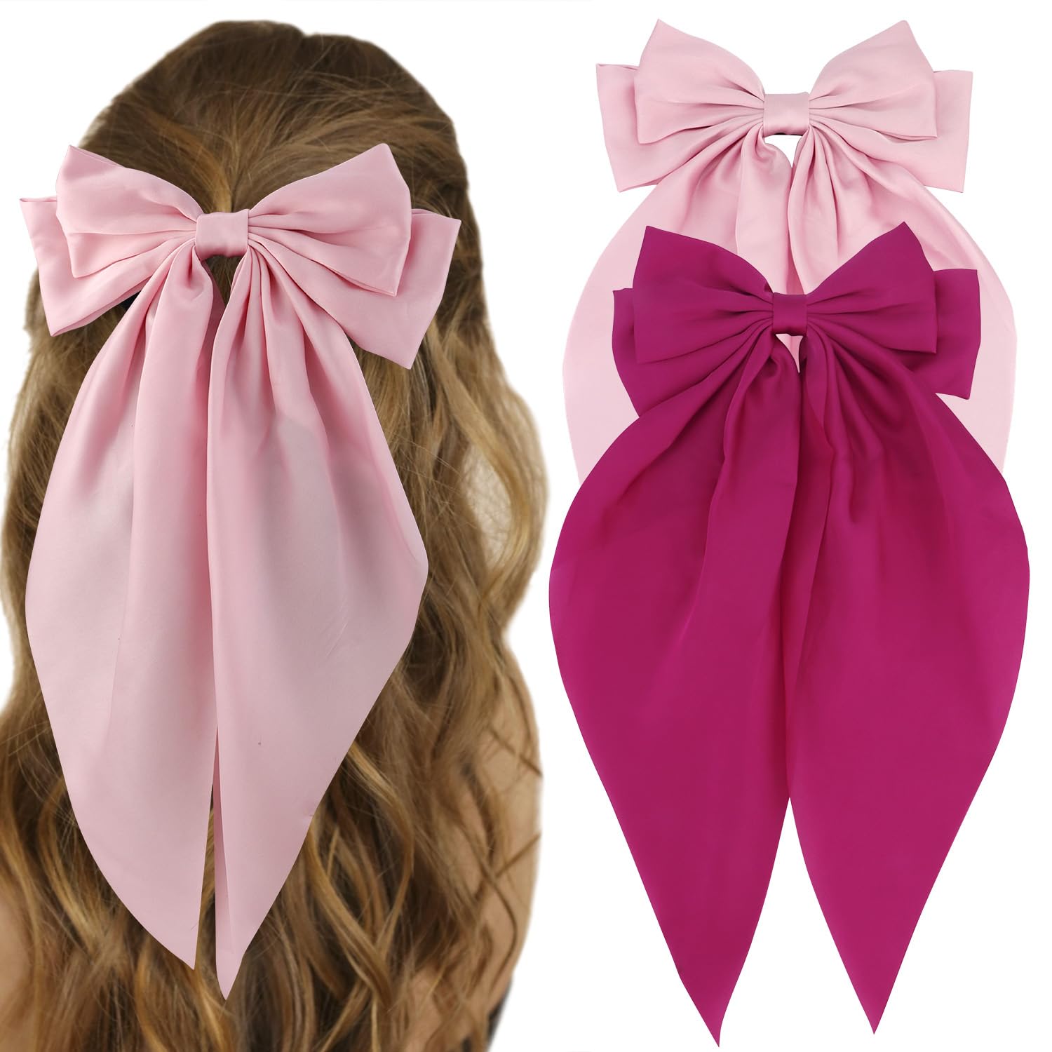Amazon.com : ATODEN Silky Satin Pink Hair Bows 2Pcs Big Hair Bows for ...