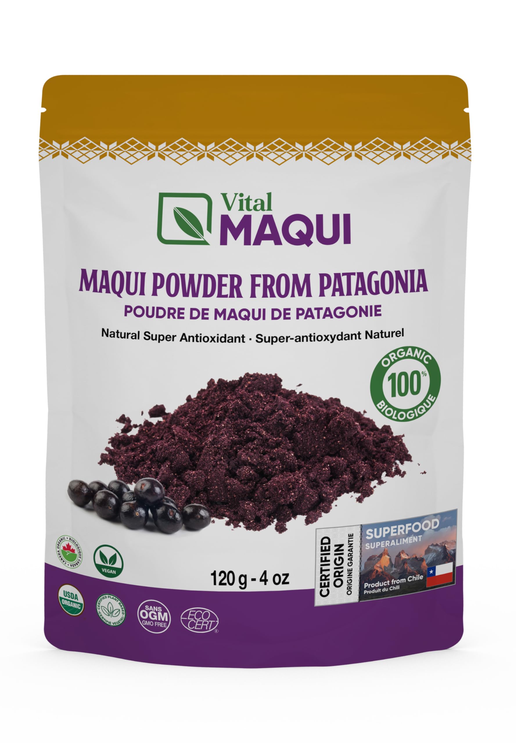 VitalMaqui 100% Organic Maqui Powder from Patagonia, 4 Ounce, 120 g ...