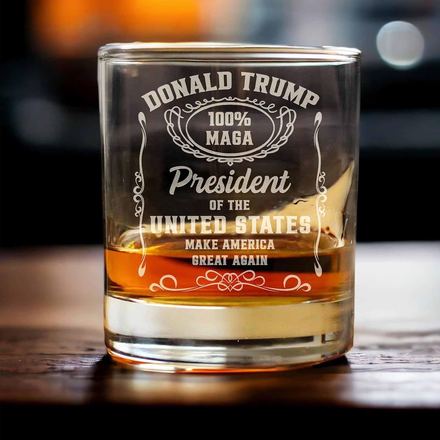 Engraved Donald Trump Whiskey Label Rock Glass