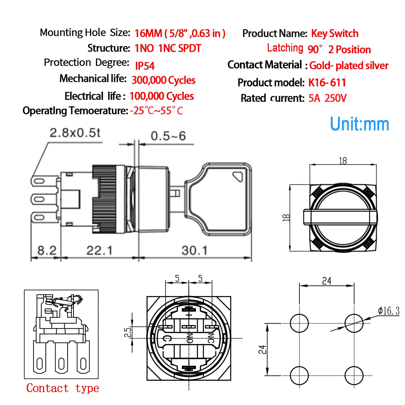 Snapklik.com : 2 Pcs 16mm 5/8" SPDT Round Terminal Key Lock Switch, Selector On Off, 2 Position ...
