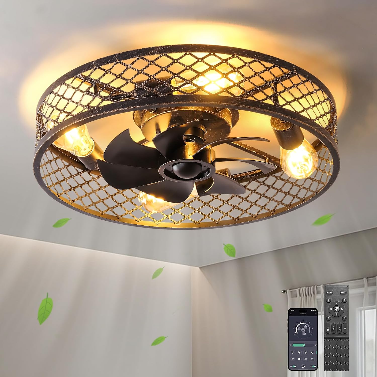 Deliypuis Caged Ceiling Fans with Lights and Remote Vintage Ceiling Fan ...