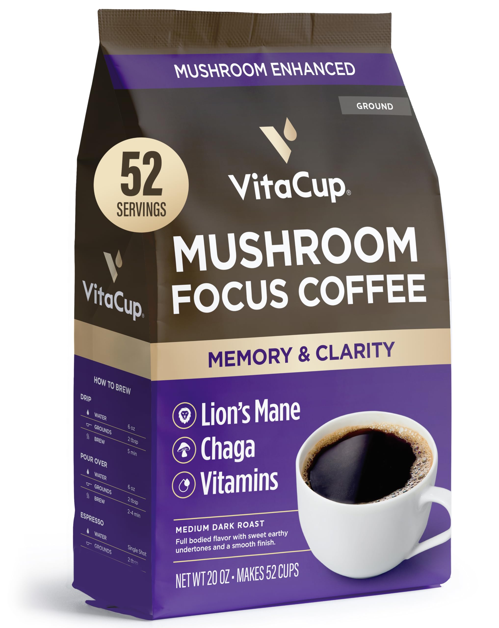 Amazon.com : VitaCup Focus Mushroom Coffee Grounds, with Lions Mane ...