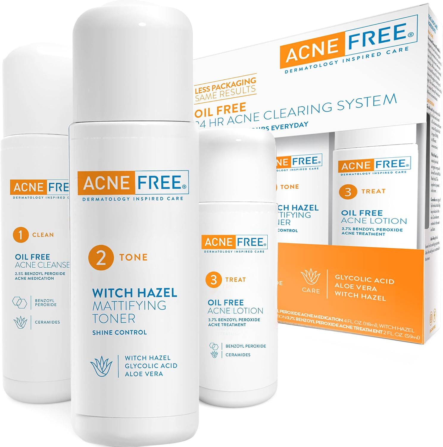 AcneFree 3 Step 24 Hour Acne Treatment Kit - Clearing System w Oil Free ...