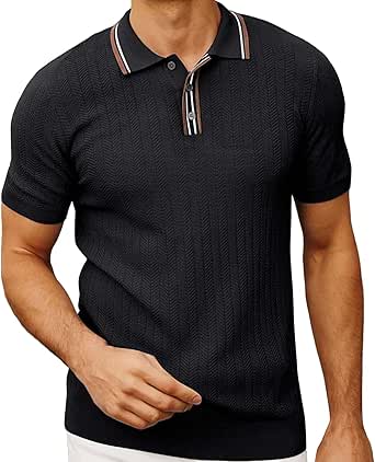 Amazon.com: Miyaomn Men's Knit Polo Shirts Casual Striped Collared Short Sleeve Buttons Golf T ...