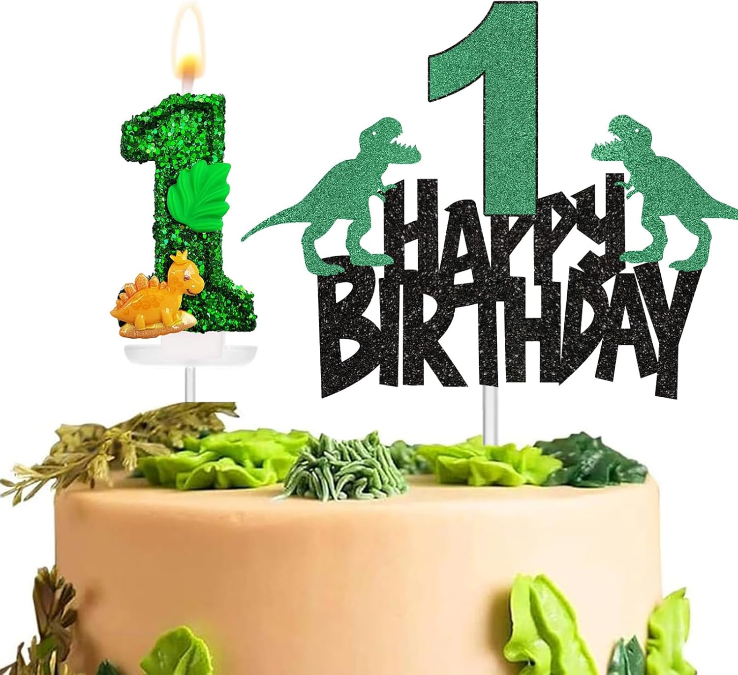 Dinosaur 1st Birthday Cake Topper with Number Candle 1 Dino Candles ...