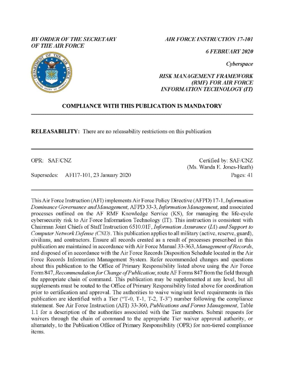 AIR FORCE INSTRUCTION 17-101 RISK MANAGEMENT FRAMEWORK (RMF) FOR AIR ...