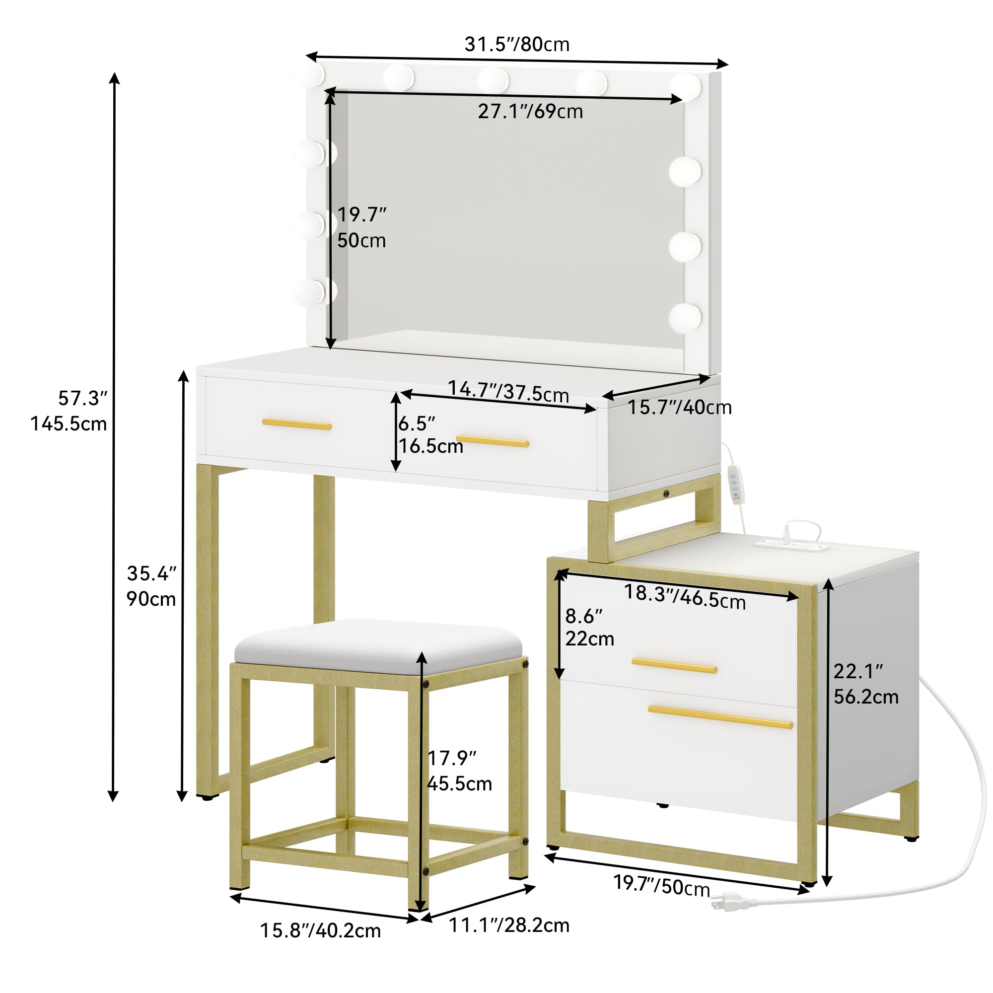DWVO Makeup Vanity with Lights, Vanity Table with Power Strip, Vanity ...