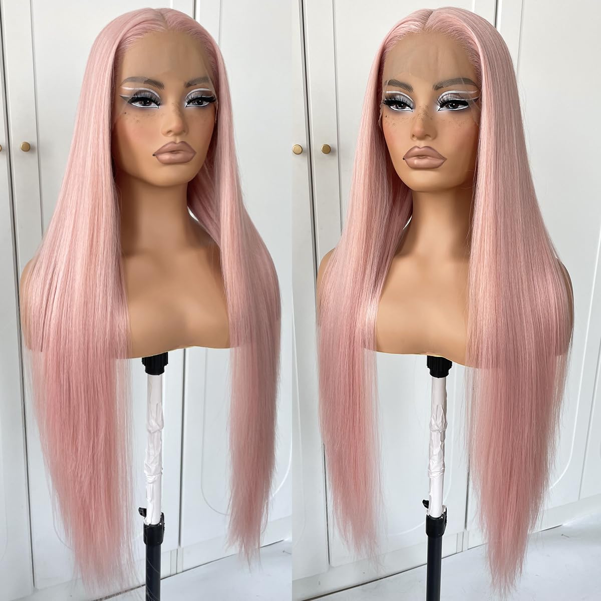 Amazon.com : MITIMES 32inch Pink Wig - Straight Light Pink Lace Front ...