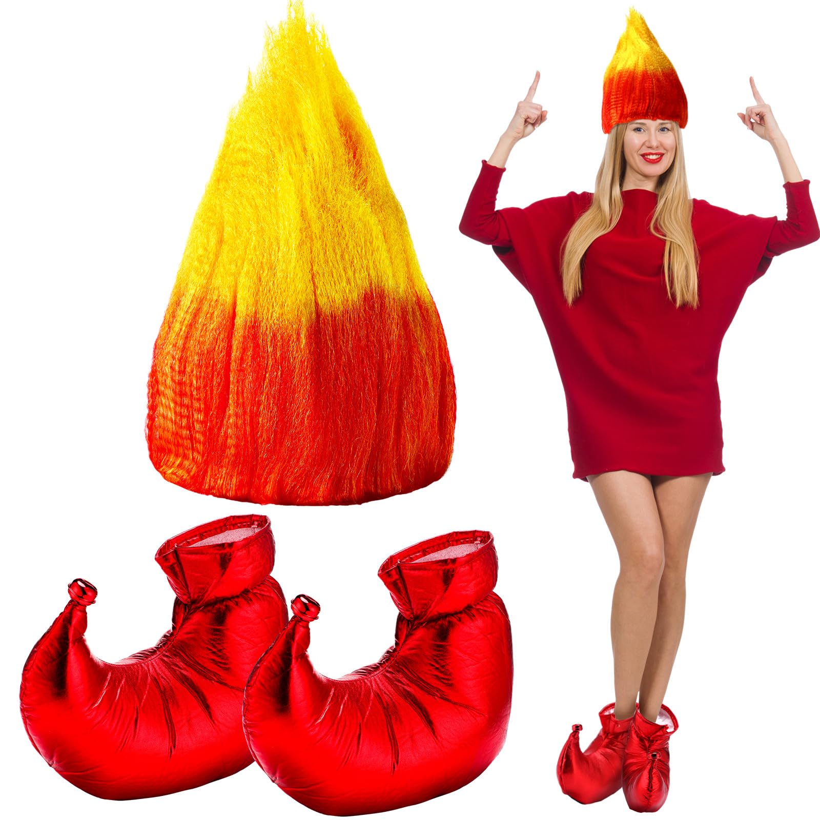 Amazon.com: WinnerWhy 2 Pcs Flame Fire Wig and Elf Shoes Set Churl ...
