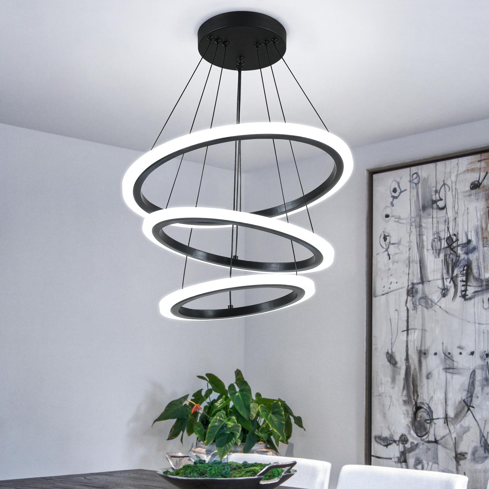 O'NEELDY Modern 3 Ring LED 52W Black Pendant Light with Irregular Ring ...