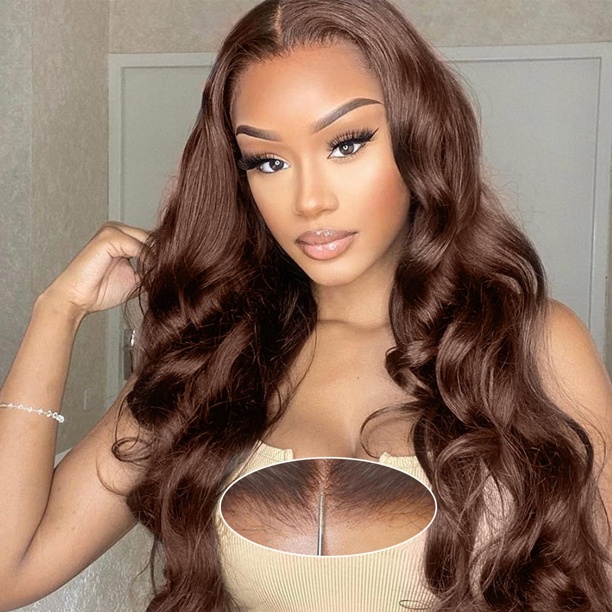 Amazon.com : Daveila Chocolate Brown Body Wave Glueless Wig Human Hair 26 Inch Pre Plucked Pre ...