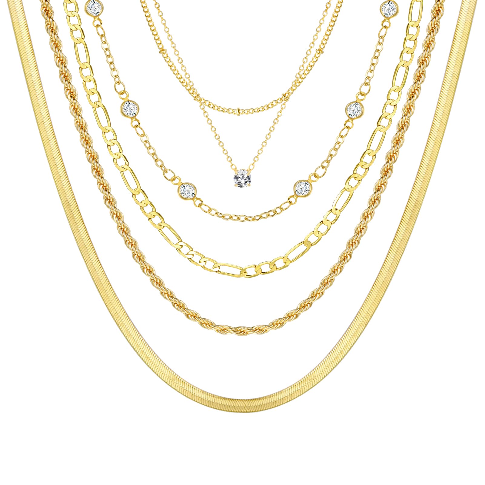 FAXHION 6PCS Gold Layered Chain Necklaces for Women,18k Gold Dainty CZ ...