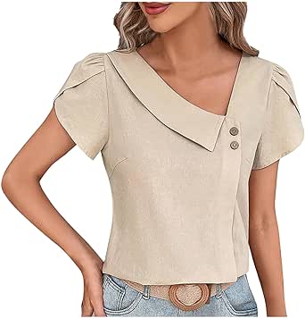 Blouses for Women, Asymmetrical Neck Short Petal Sleeve Button Detail ...