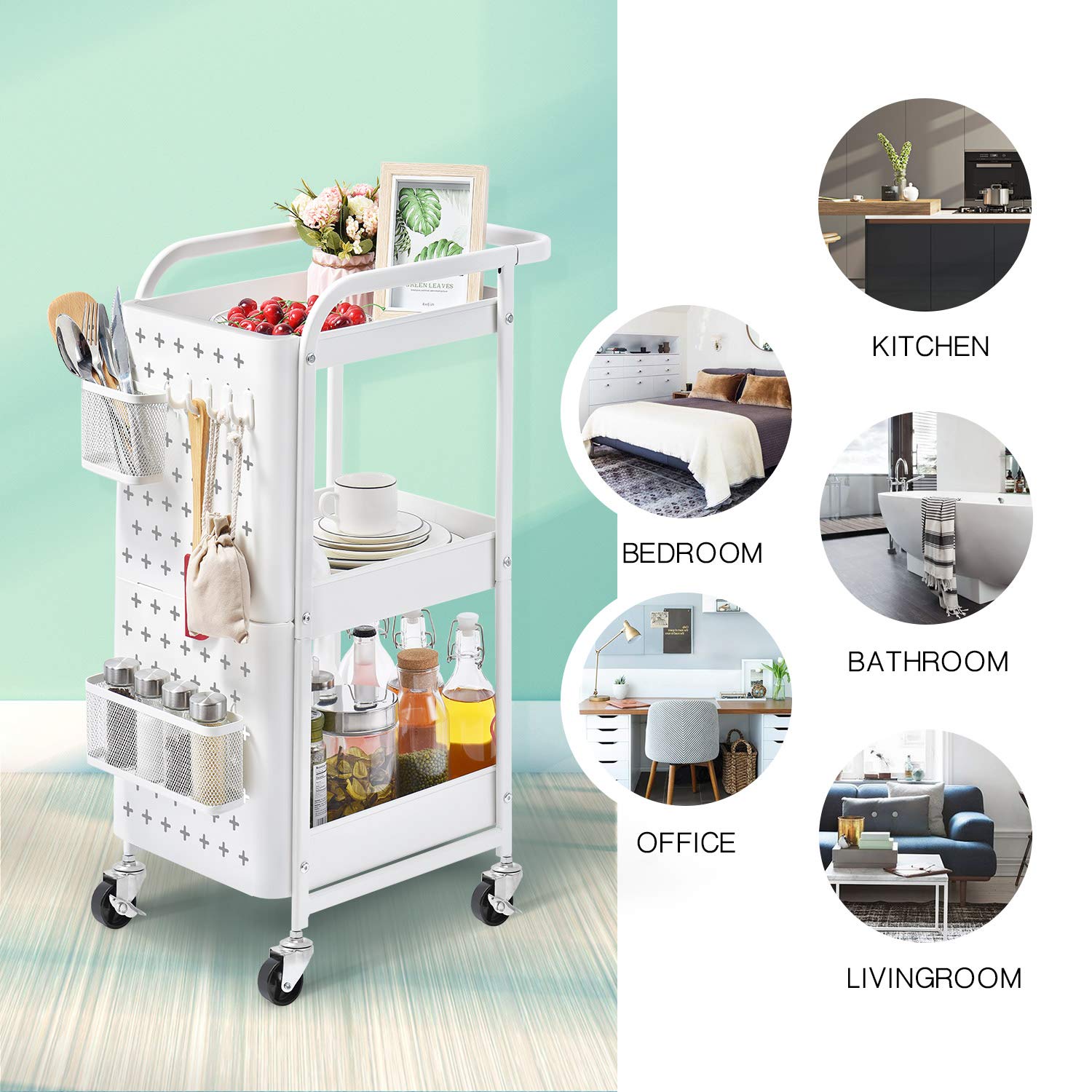 Buy KINGRACK Storage Trolley, 3-Tier Rolling Cart, Utility Cart Metal ...