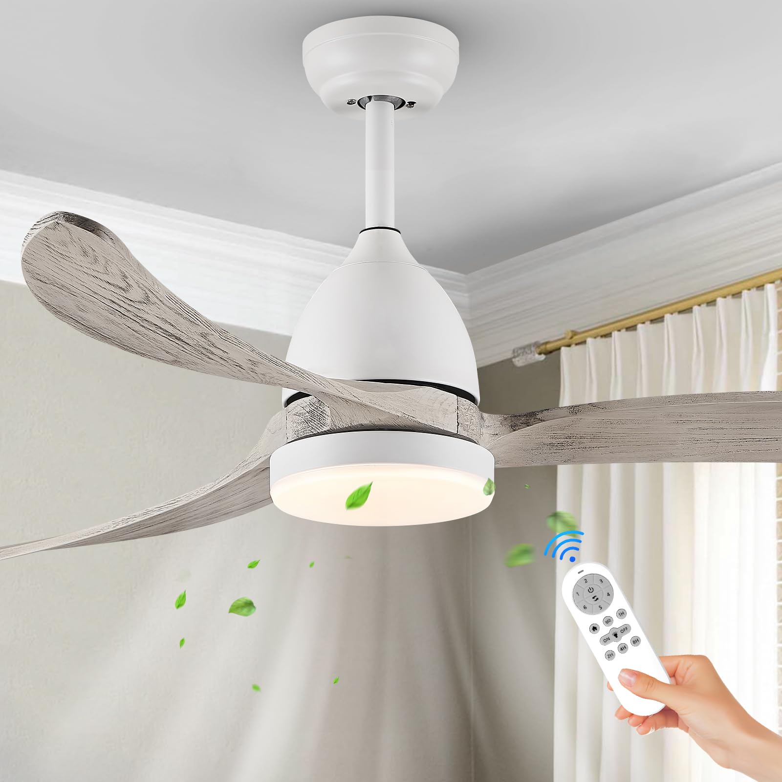 52inch White Ceiling Fan with Light, 3-Blade Wood Ceiling Fan Country ...