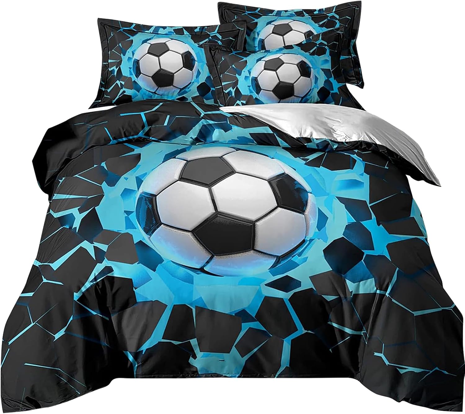Amazon.com: Blue Soccer Duvet Cover Set Queen, 3-Piece Reversible ...