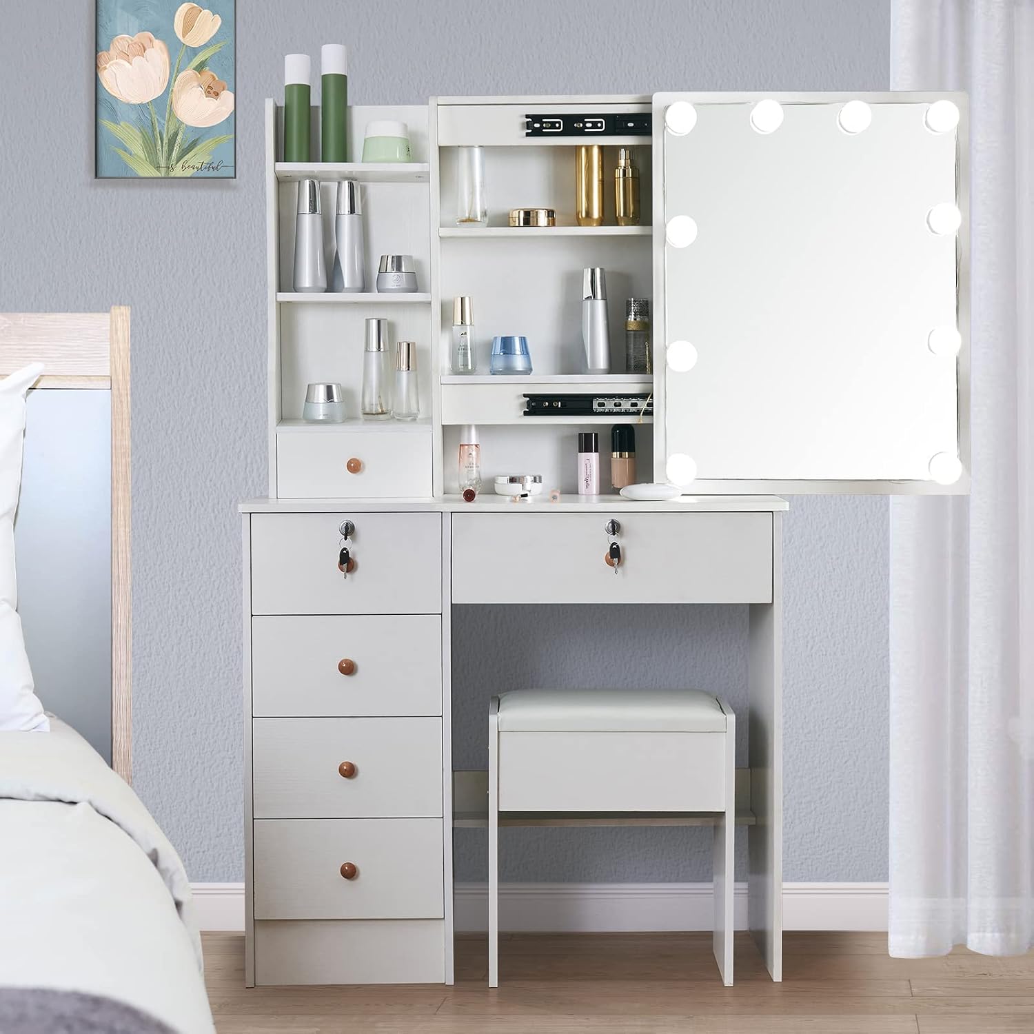 Vanity Desk with Lights and Mirror, Storage Drawers Makeup Vanity Table ...
