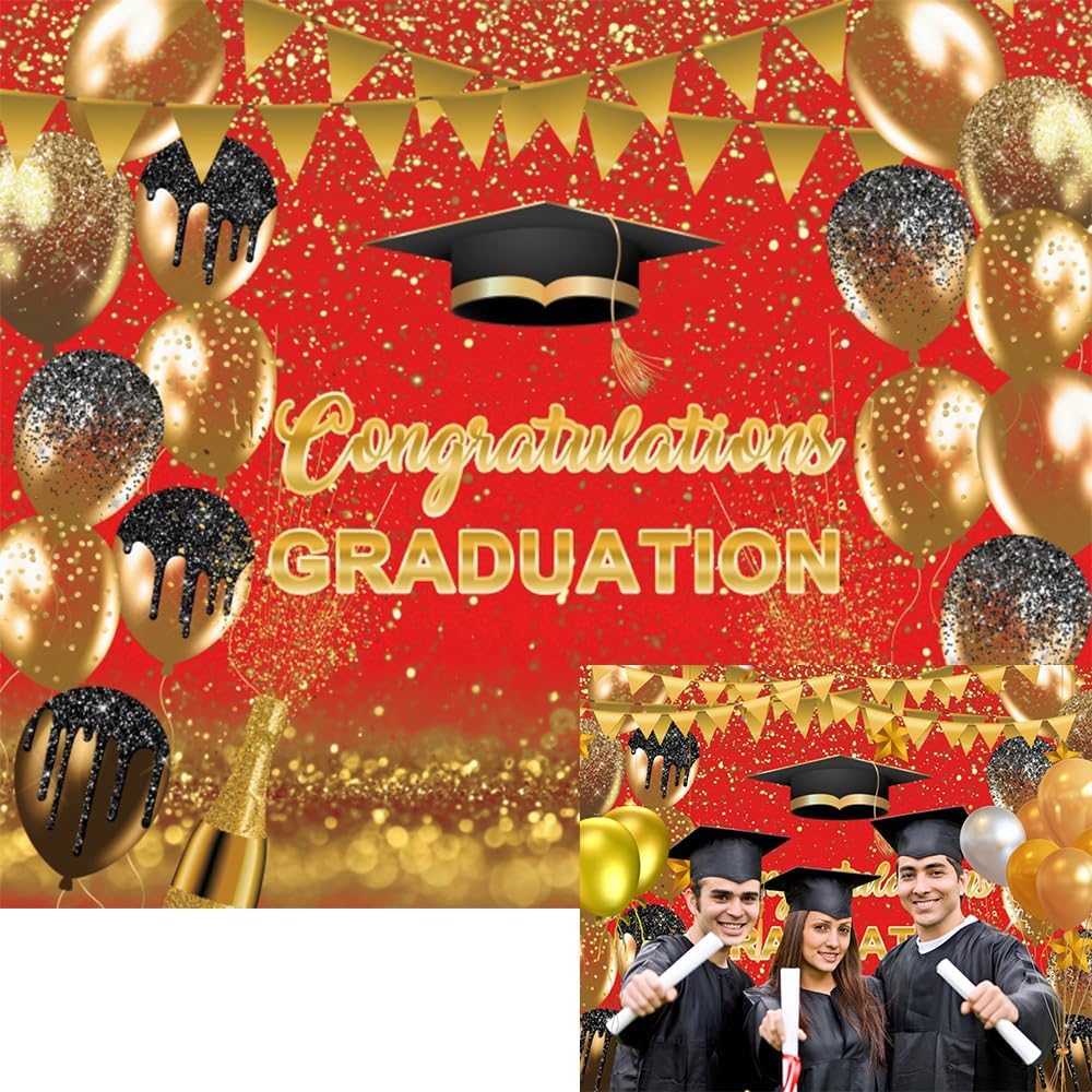 Amazon.com : DASHAN Graduation Backdrop Red and Gold Congratulations ...
