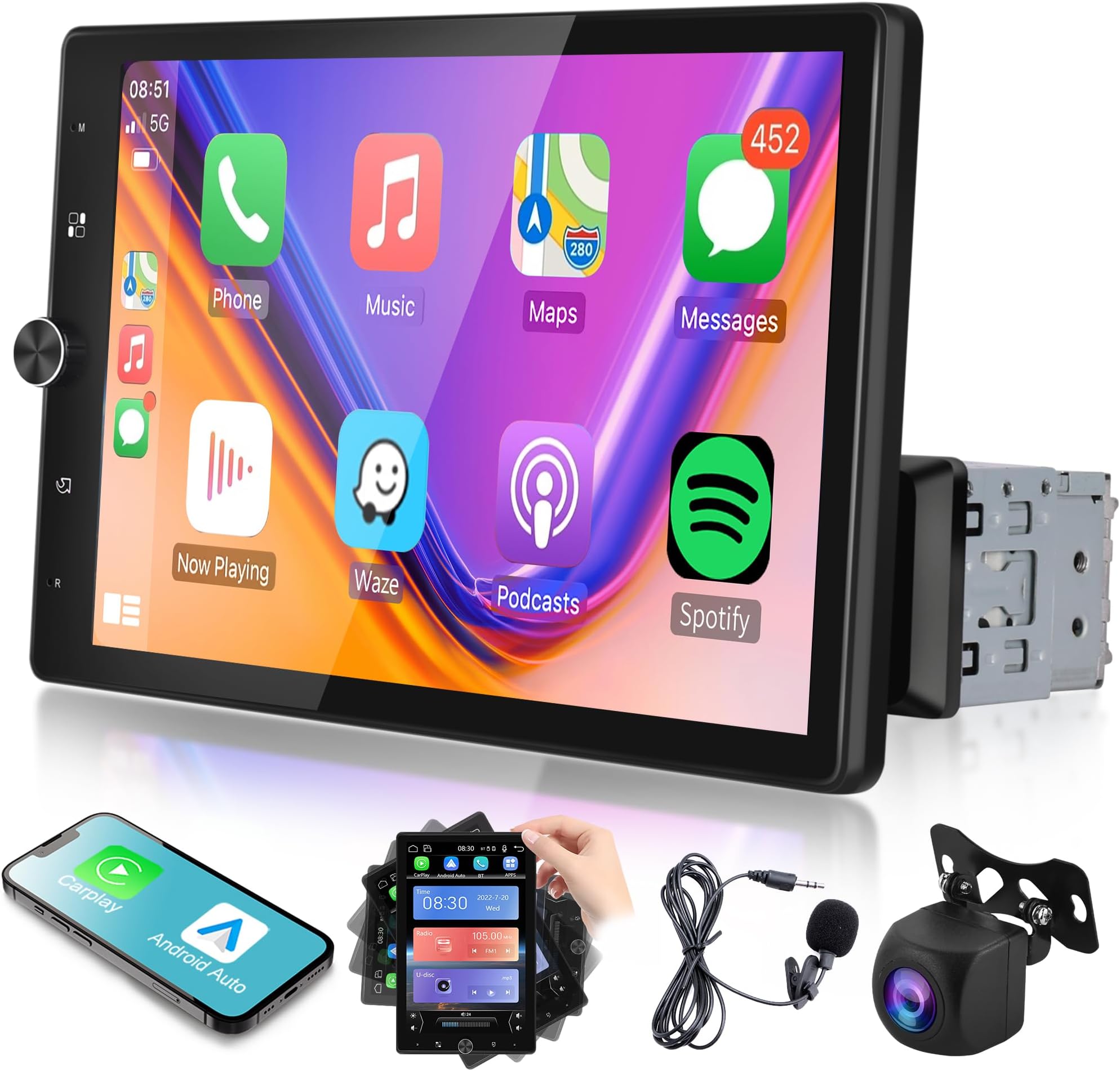 Autoradio 1 Din mit A-pple Carplay Android Auto 10.4 Zoll Drehbarer ...