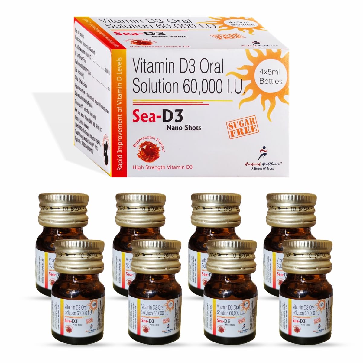 SEA D3 Nano Shots/Vitamin D3 60000 I.U Suga Free Oral Solution Syrup(8 Shots Of 5Ml Each) = 2 ...