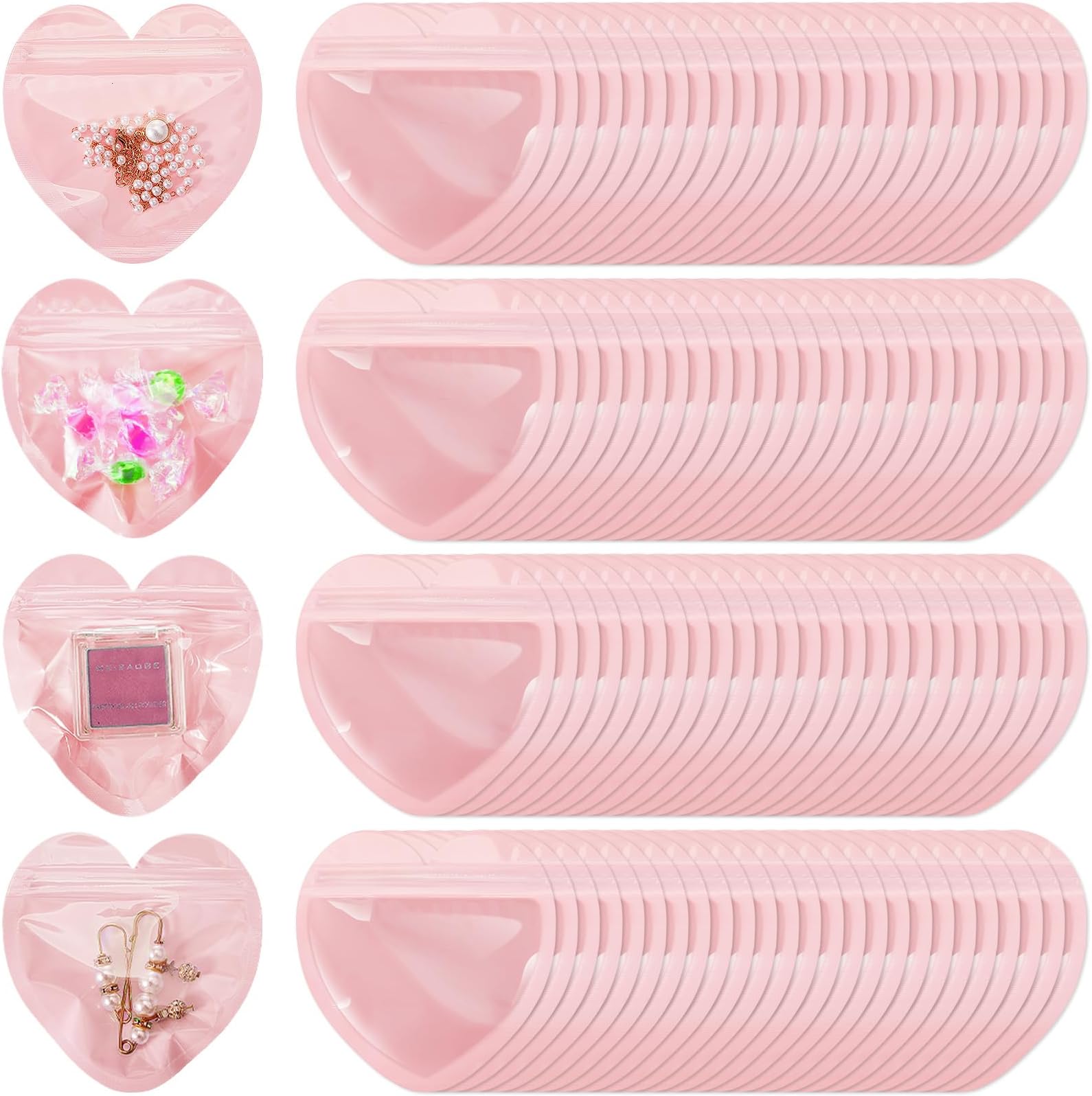 Amazon.com: 100pcs Pink Heart-Shaped Mylar Bags, 4"x4" Clear ...