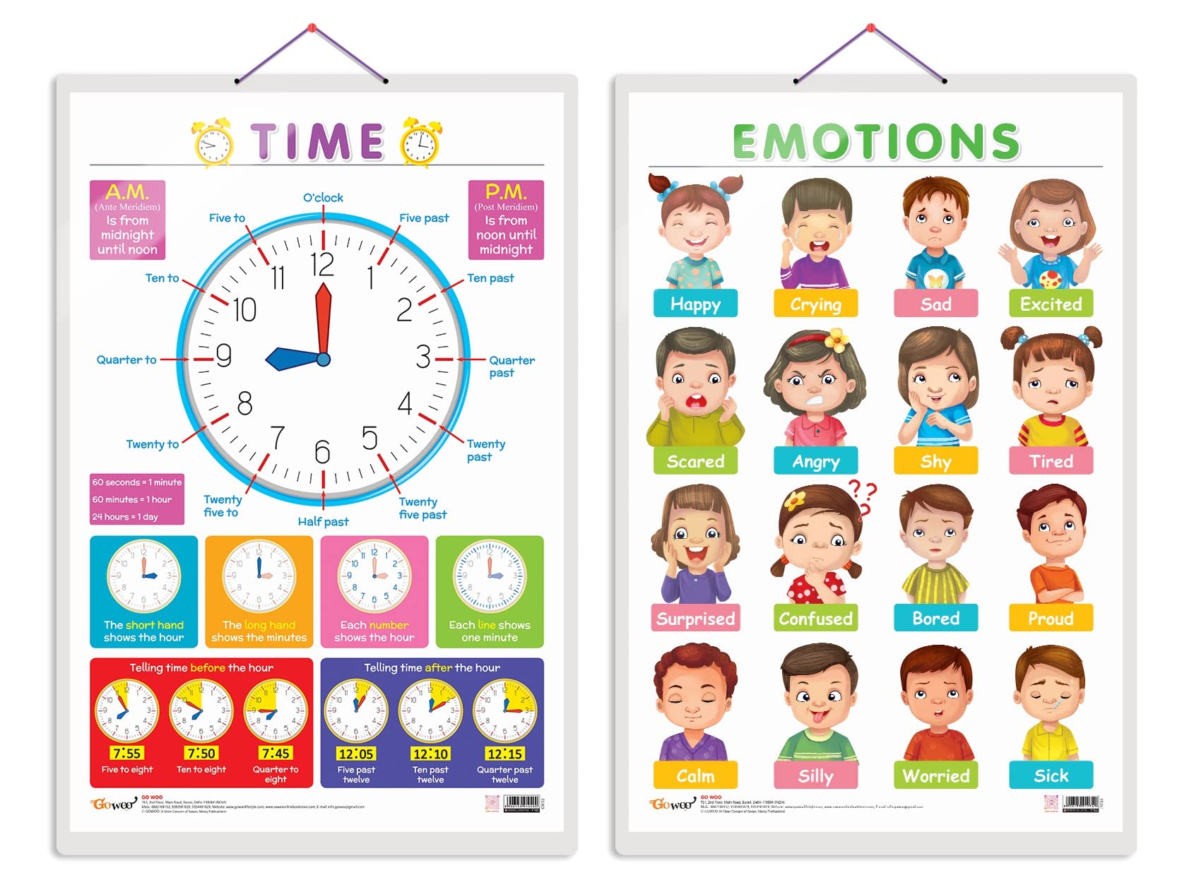 Set of 2 TIME and EMOTIONS Early Learning Educational Charts for Kids | 20"X30" inch |Non ...