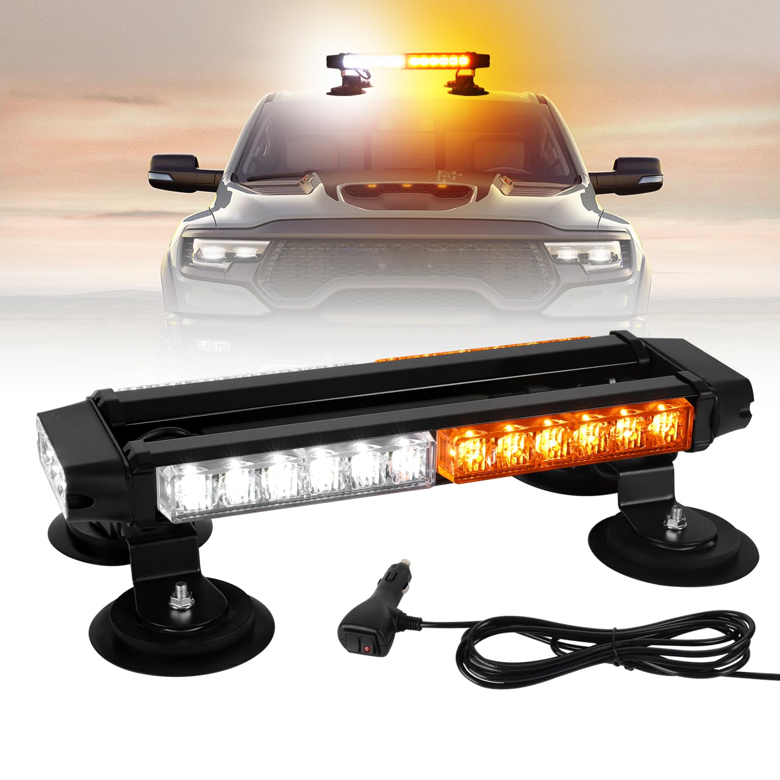 I LITTON Amber & White LED Beacon Strobe Light Bar,16 Flash Modes 30 ...