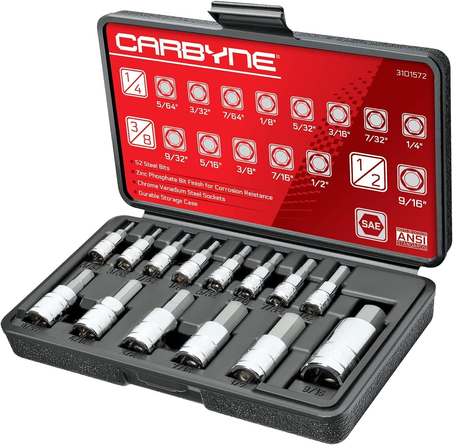 CARBYNE Hex Allen Bit Socket Set 14 Piece SAE Includes 5 64 To 1 carbyne-hex-allen-bit-socket-set-14-piece-sae-includes-5-64-to-1