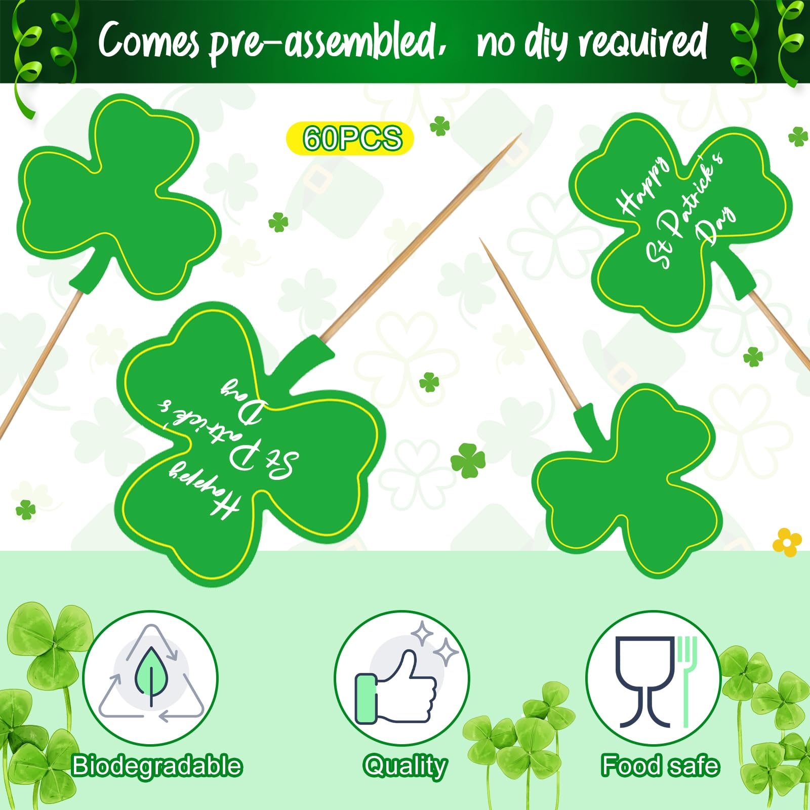 Snapklik.com : Weysat 60 Pcs 2.76 In Large Clover Cupcake Toppers, St ...