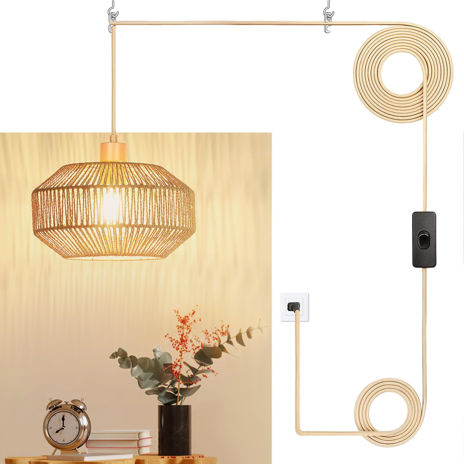STGLIGHTING Swag Plug-in Pendant Light Wooden Handle Pendant Light with ...