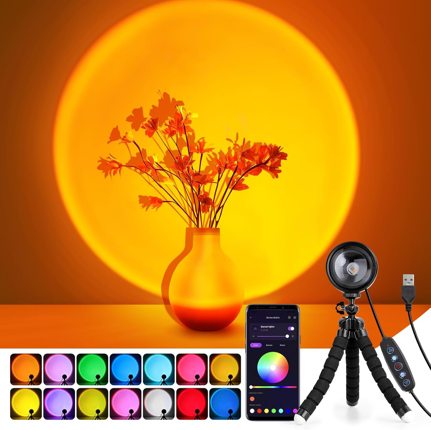 Cpeelsdo Sunset Lamp Projector with APP Control Multicolor Changing Led ...