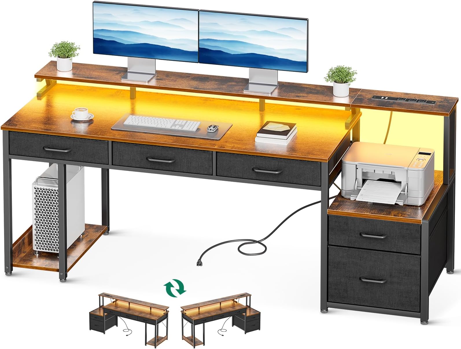 Amazon.com: AODK L-Shaped Office Desk with Fabric Drawers - Reversible ...
