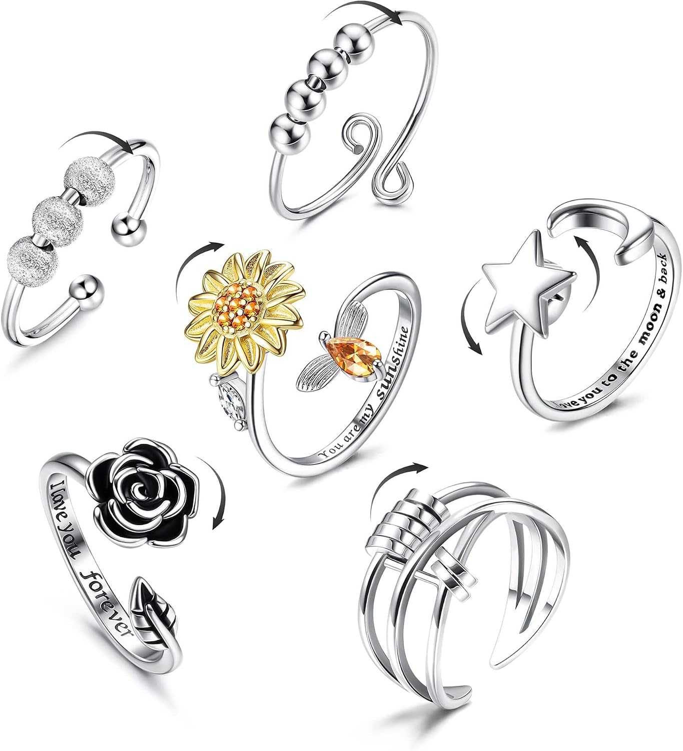 CASSIECA Anxiety Ring for Women Spinner Fidget Sunflower Rings ...