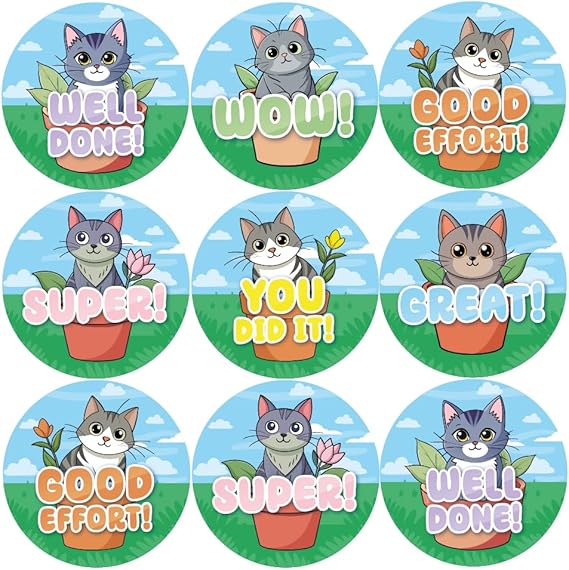 144 Happy Cats Praise Words Reward Stickers For Children, Teachers ...