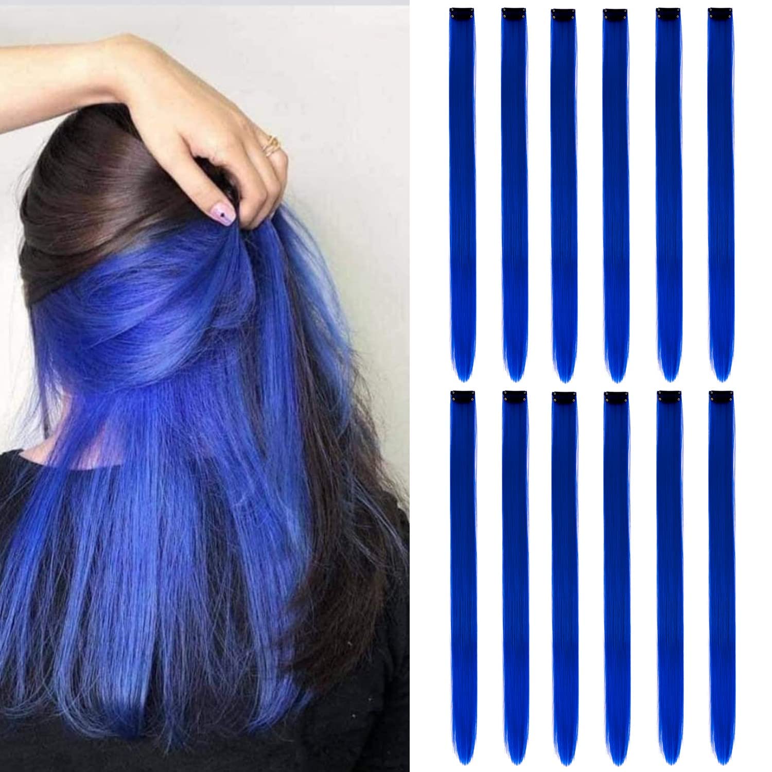 Amazon.com : 12 Pcs Colored Clip In Hair Extensions Blue 20 Inches ...