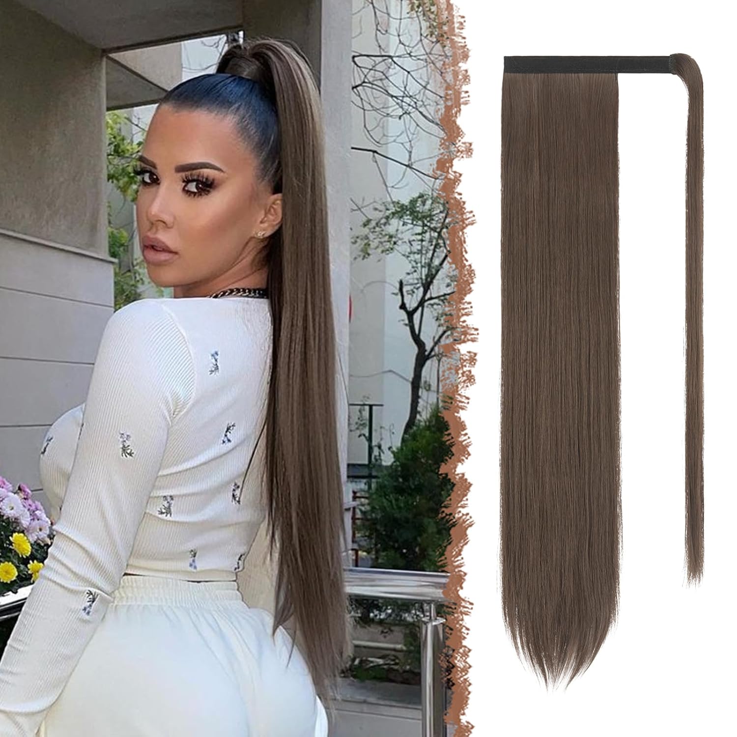 Amazon.com : FESHFEN Ponytail Extensions - 24 Inch Long Straight Wrap ...