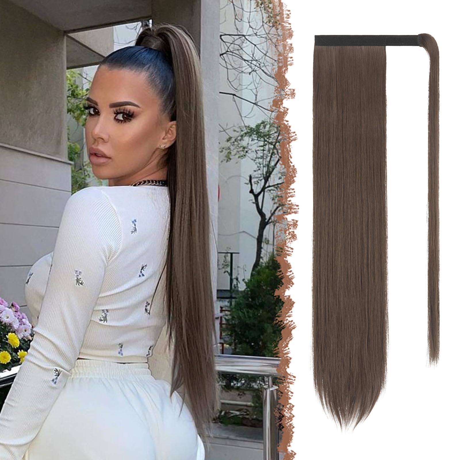 Amazon.com : FESHFEN Ponytail Extensions - 24 Inch Long Straight Wrap ...