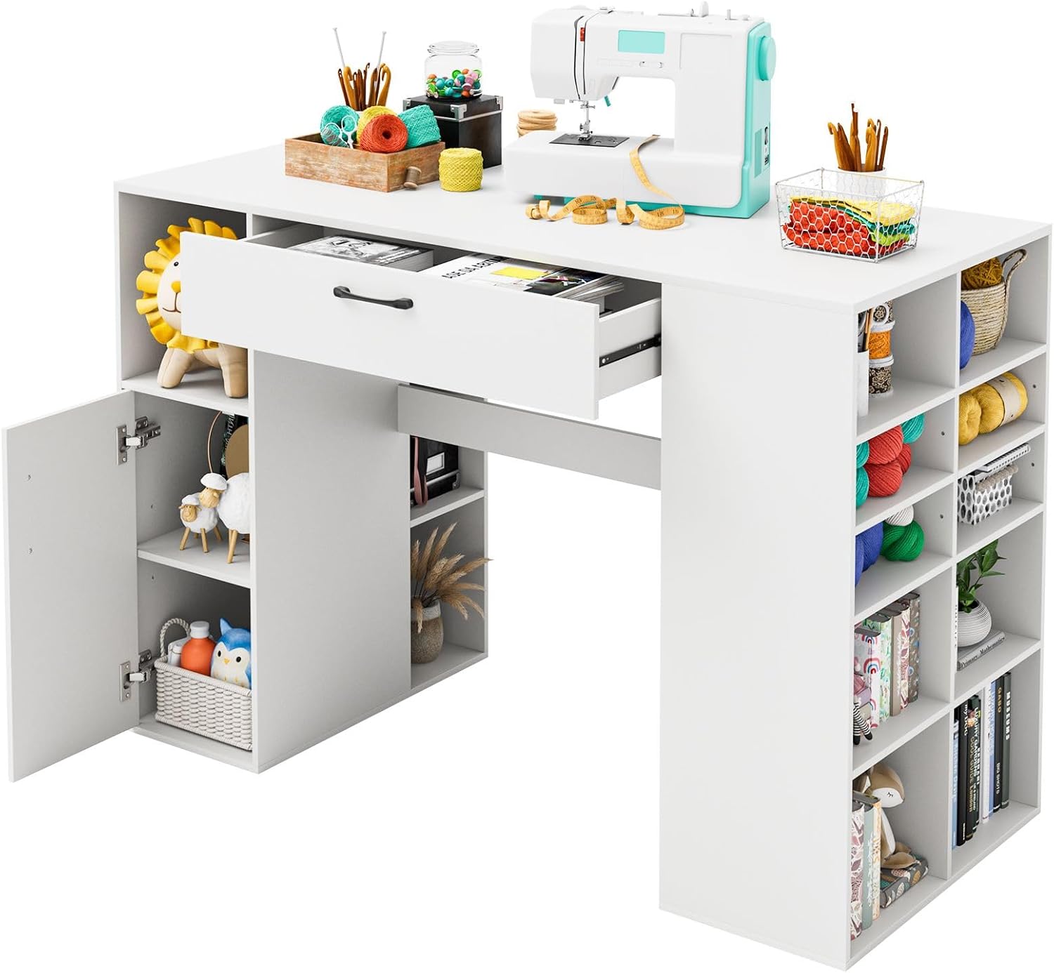 CASART Sewing Table with Storage, 135cm Craft Workstation with 14 Open ...