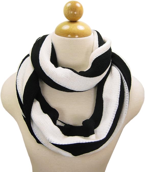 Premium Soft Knit Striped Infinity Loop Circle Scarf - Black & White at ...