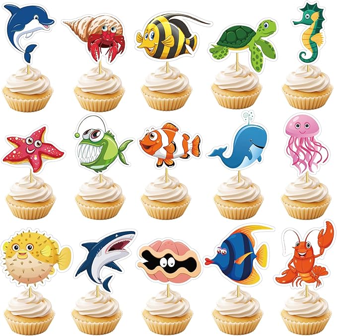 Amazon.com: Plorbach 48 Pcs Ocean Animal Cupcake Toppers Under The Sea ...
