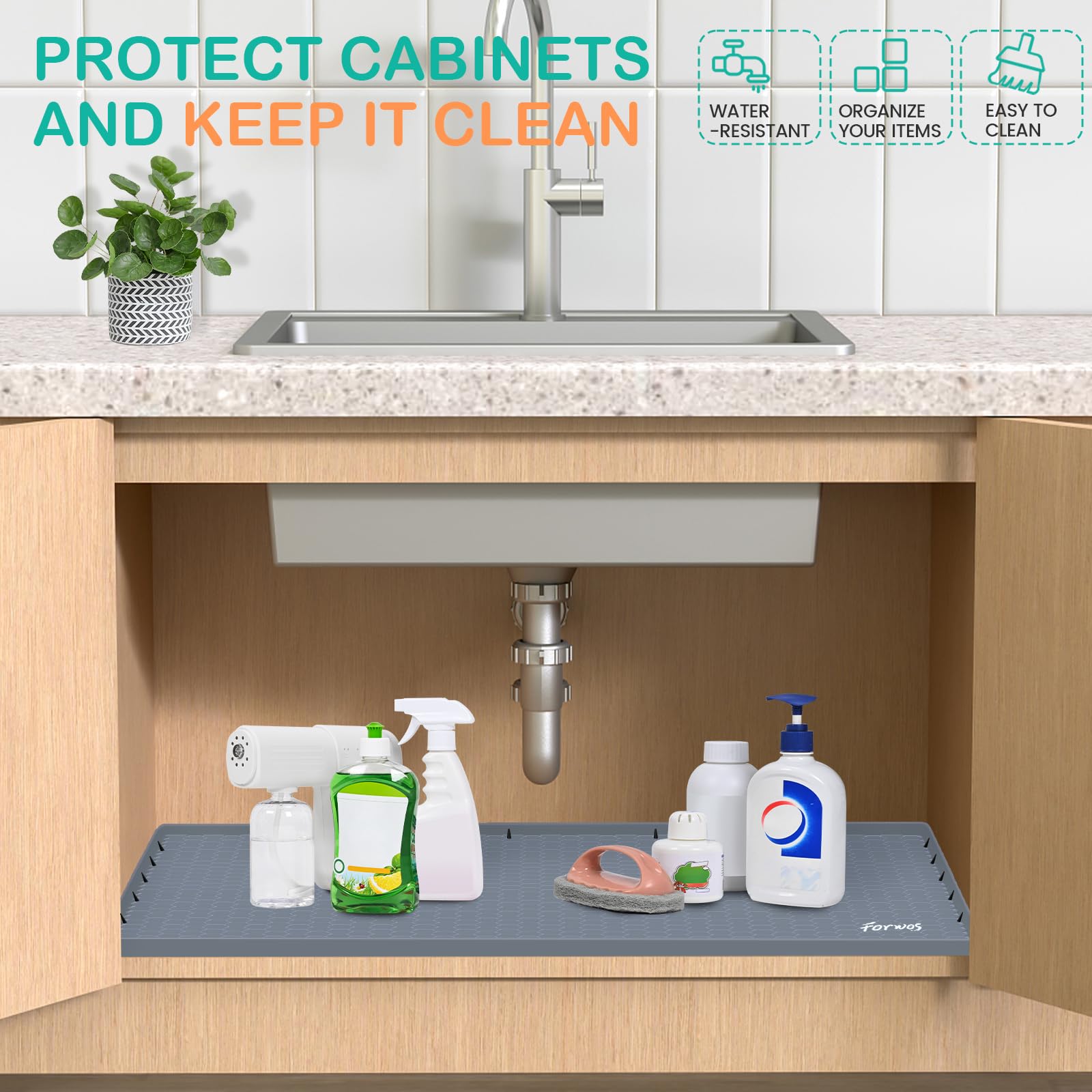 Snapklik.com : FORWOS Waterproof Under Sink Mat 31" X 22", Silicone ...