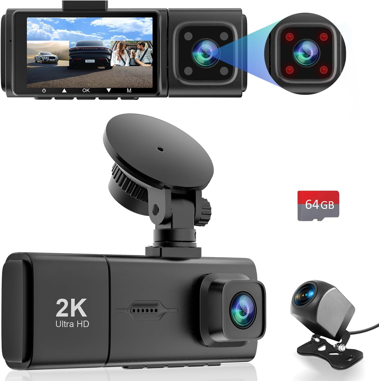 Amazon.com: Dash Cam Front and Rear Camera 3 Channel 2.5K+1080P+1080P ...