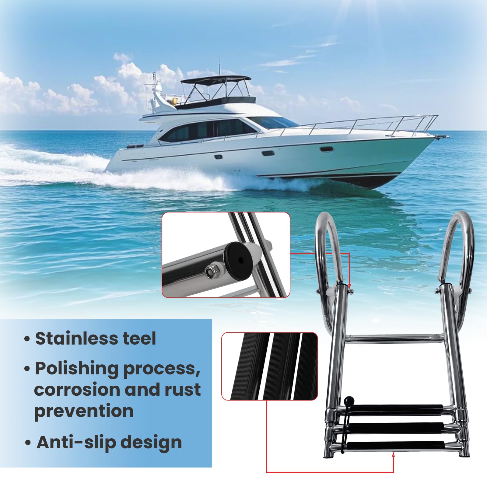 Snapklik.com : Pontoon Boat Ladder, Stainless Steel 3 Step Telescoping ...