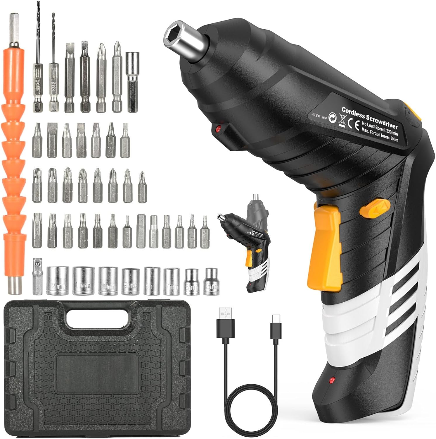 47 Piece Cordless Electric Screwdriver Set: 3.6V USB Rechargeable Power ...