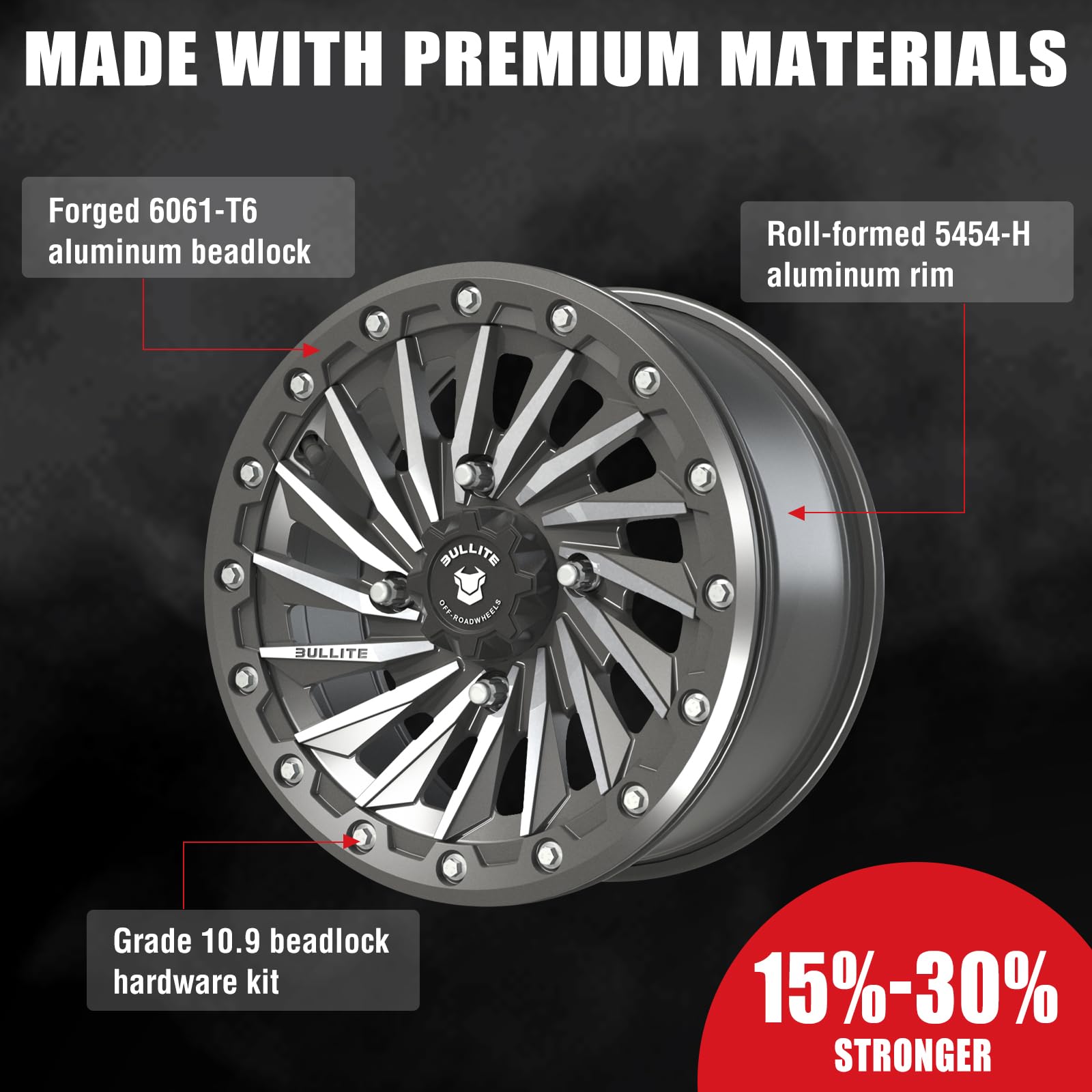 Side By Side UTV Rims Bullite BT-07 Caster UTV/ATV Wheels - 15x7 Satin ...