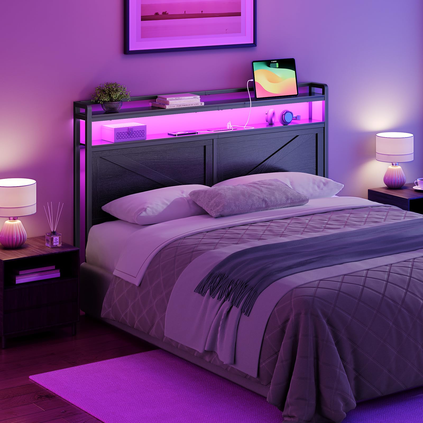 HOOBRO Queen Size Headboard, Headboard with Charging Station and LED ...